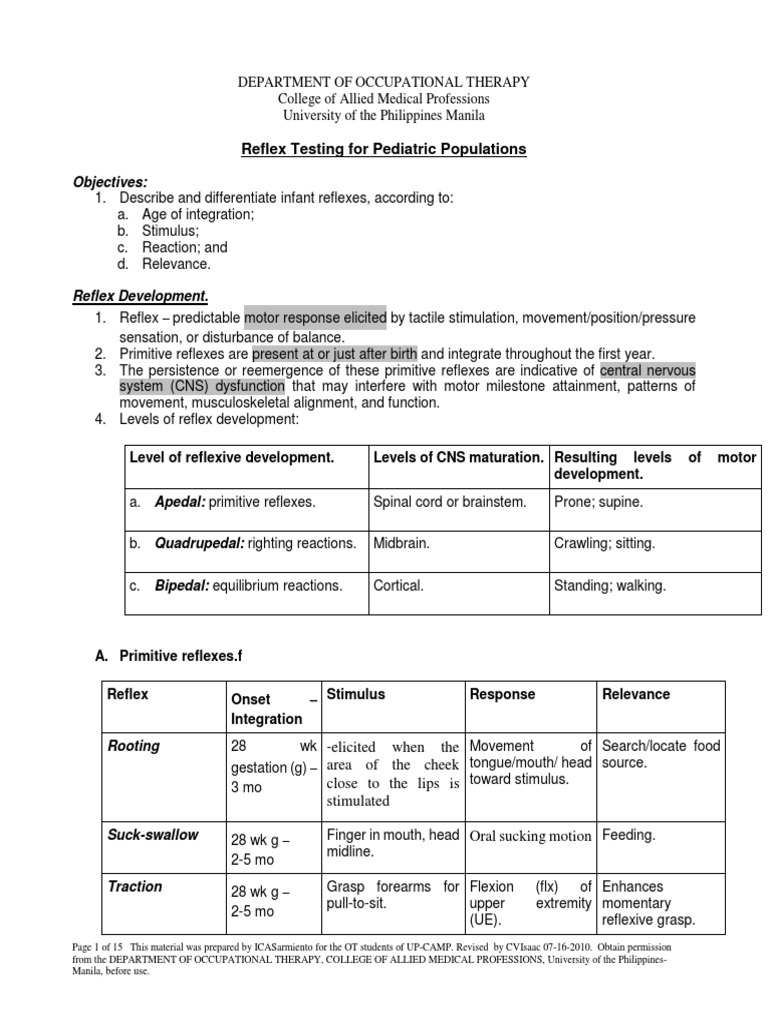 Pediatric Reflex Testing Guide | PDF | Anatomical Terms Of Motion | Foot