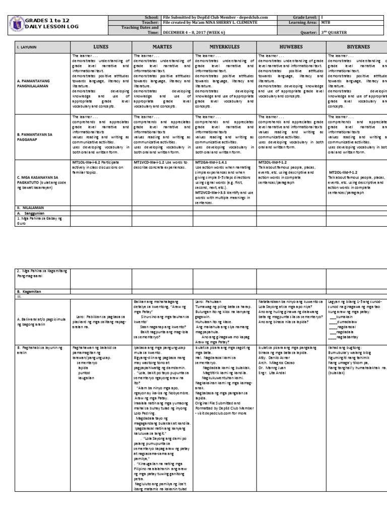 Mother Tongue Lesson Week 6 | PDF | Vocabulary | Literacy