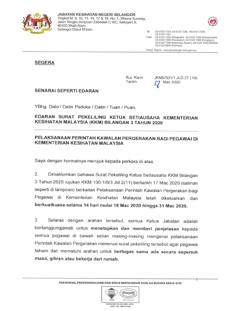 Contoh Surat Perintah Kawalan Pergerakan JKN Selangor | PDF