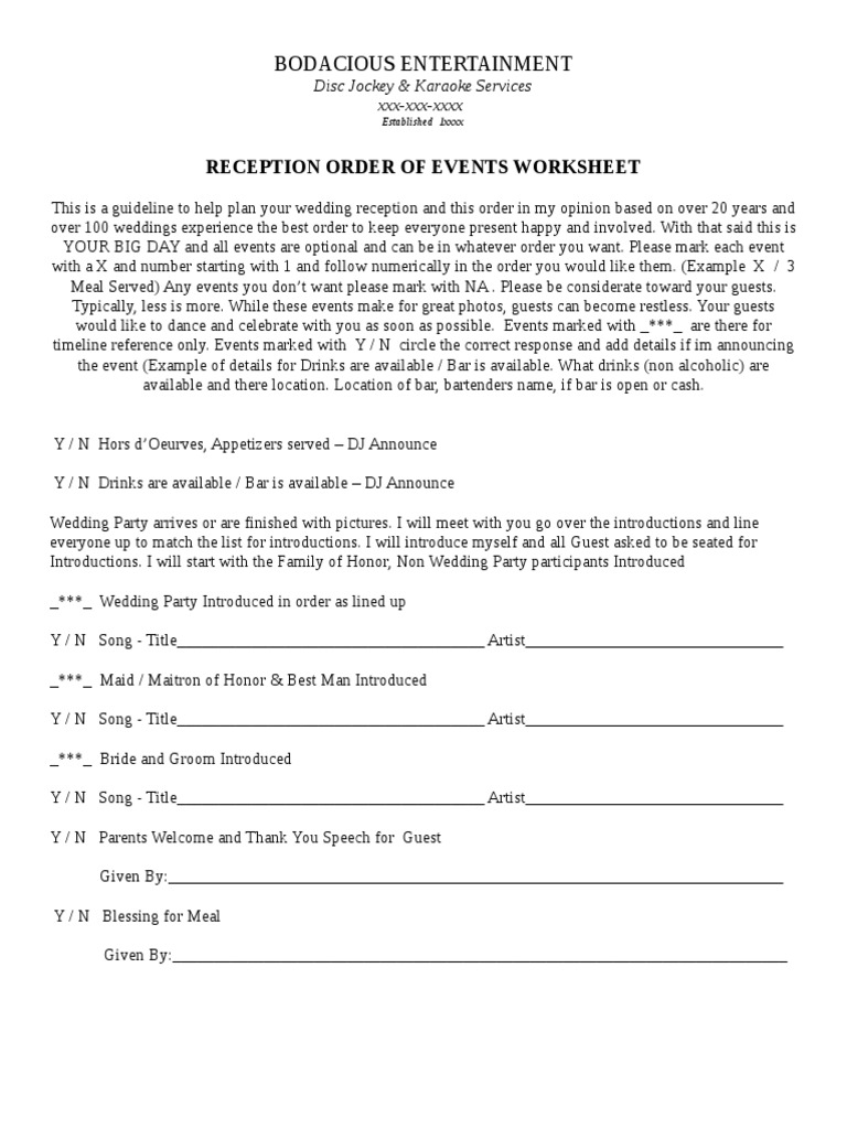 Reception Order of Events Worksheet: Bodacious Entertainment | PDF ...
