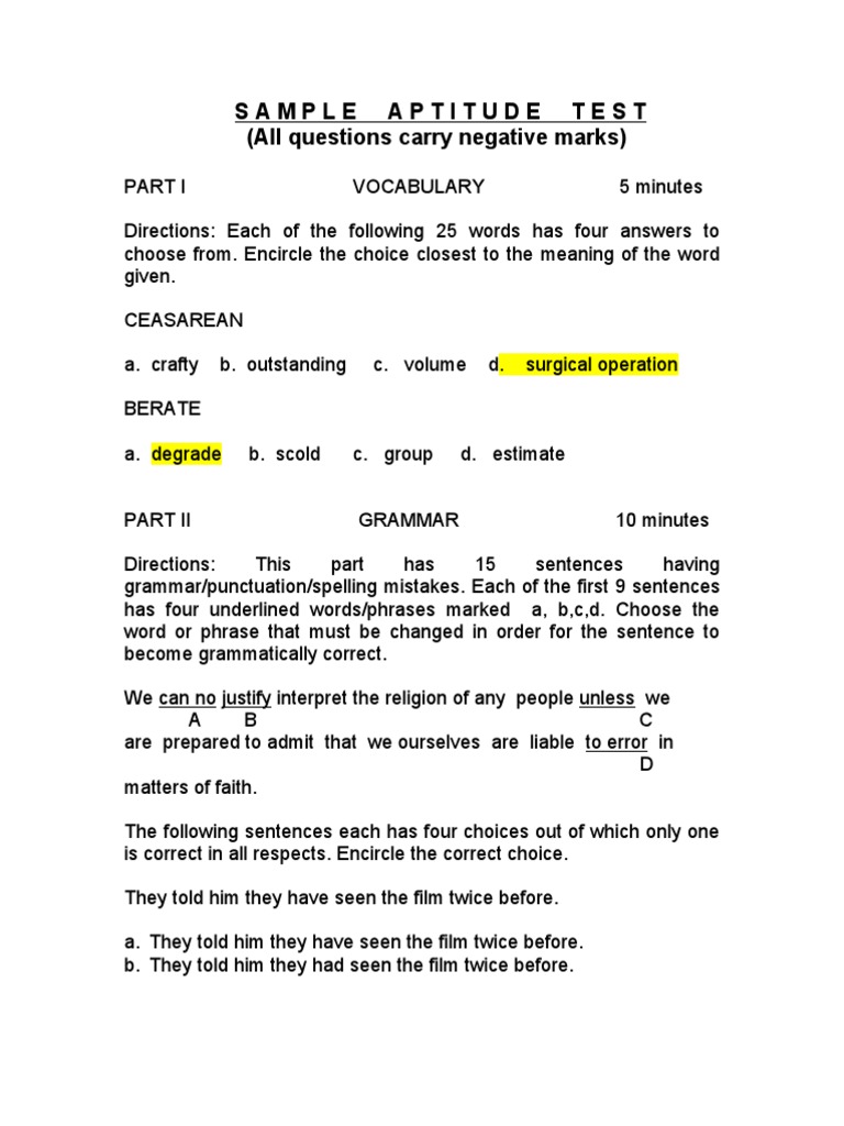 Sample Aptitude Test | PDF | Phrase | Human Communication