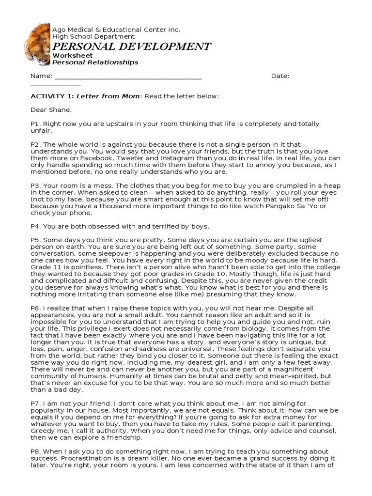 Worksheet On Personal Relationships | Download Free PDF | Psychological ...