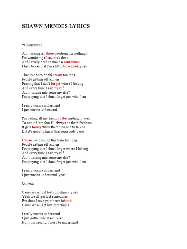 Shawn Mendes Lyrics: "Understand" | PDF