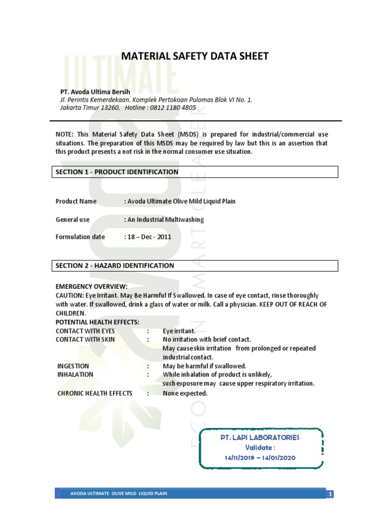 Msds Avoda Ultimate Olive Mild Liquid Plain | PDF | Dangerous Goods ...