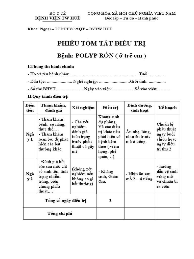 Phiếu tóm tắt điều trị - polyp rốn | PDF
