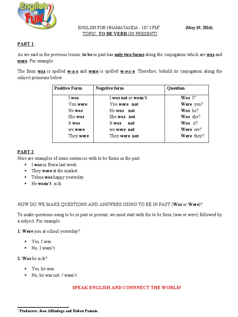 Lesson 2 - To Be Verb in Past | PDF