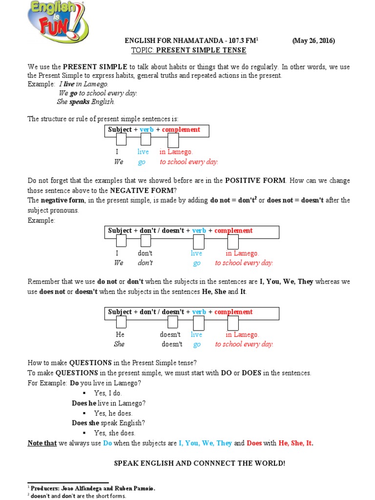 We Go To School Every Day. She Speaks English.: Present Simple Tense | PDF