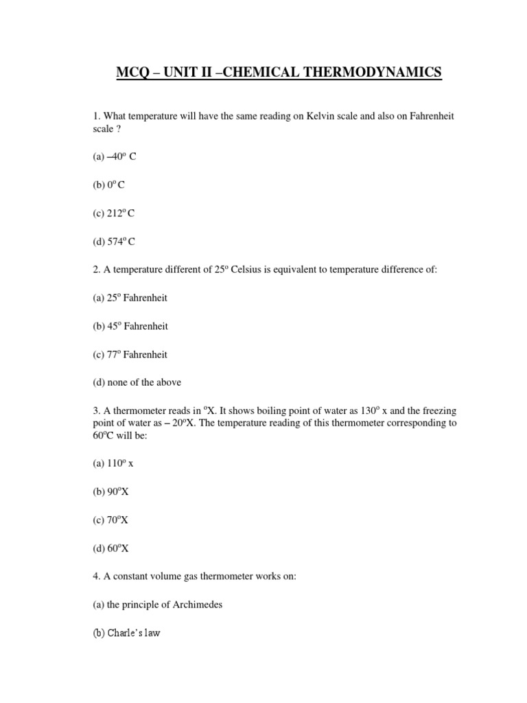 MCQ - Unit Ii - Chemical Thermodynamics | PDF | Temperature | Heat