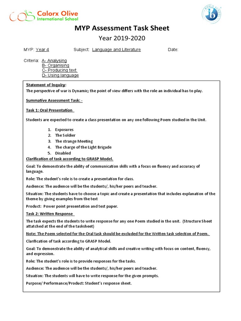 MYP Assessment Task Sheet: Year 2019-2020 | PDF | Plagiarism | Academic ...