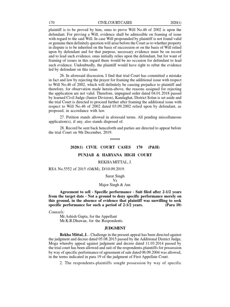 170 Civil Court Cases 2020 (1) : Counsels | PDF | Lawsuit | Judgment (Law)