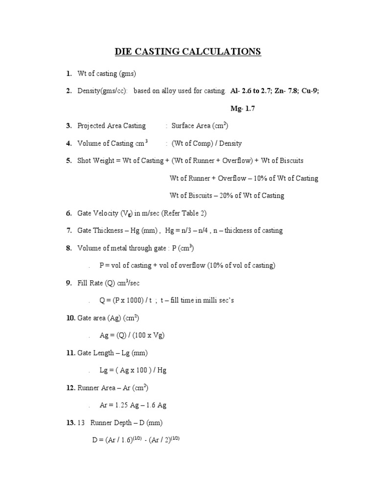 Die Casting Calculation Guide | PDF | Metals | Applied And ...