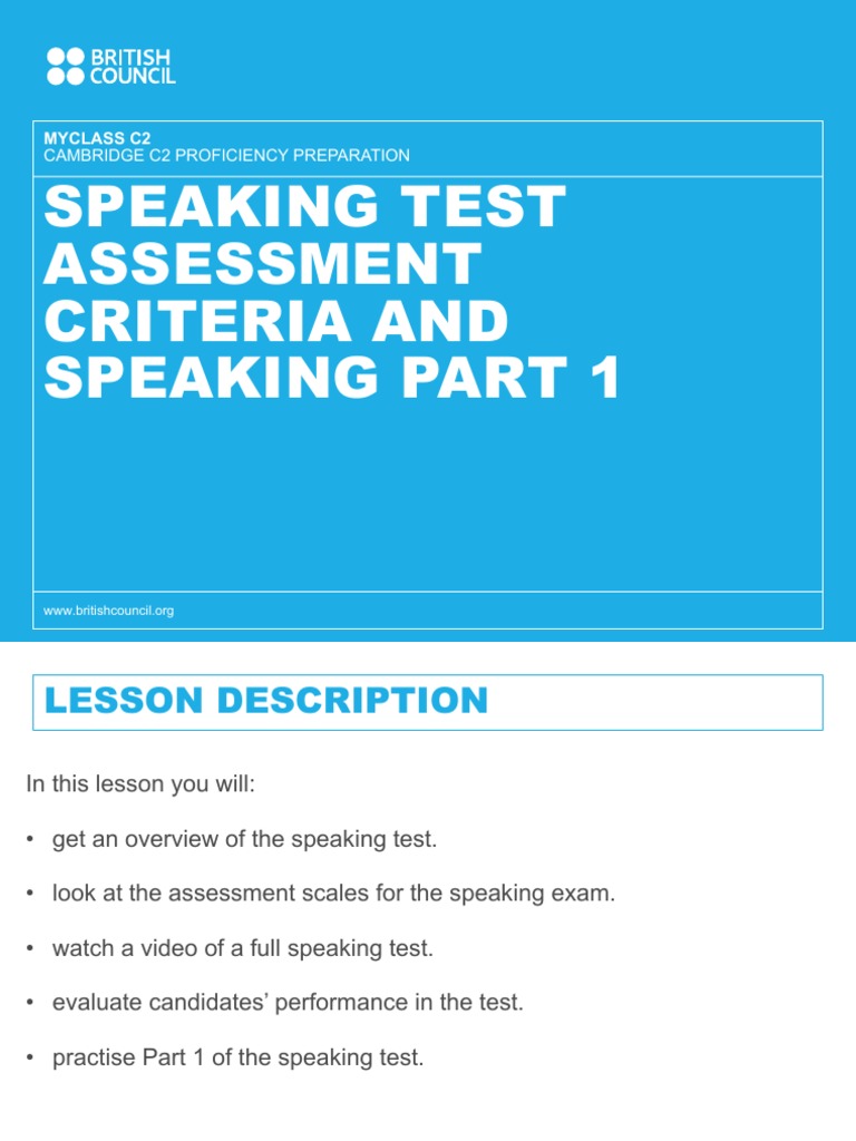 Speaking Test Assessment Criteria and Speaking Part 1: Myclass C2 | PDF ...
