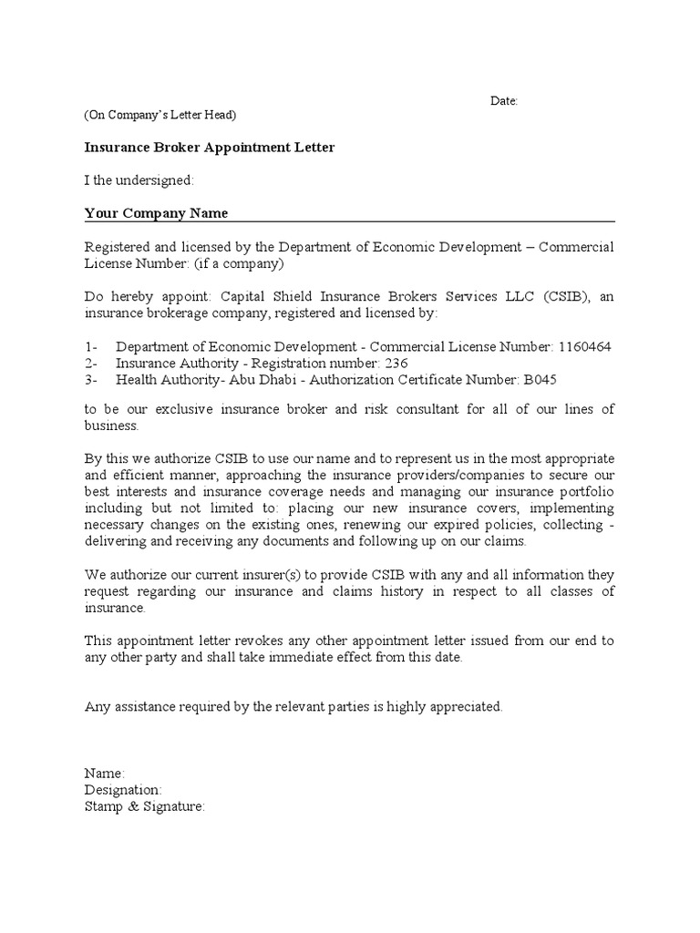 Insurance Broker Appointment Letter | PDF | Business | Finance & Money ...