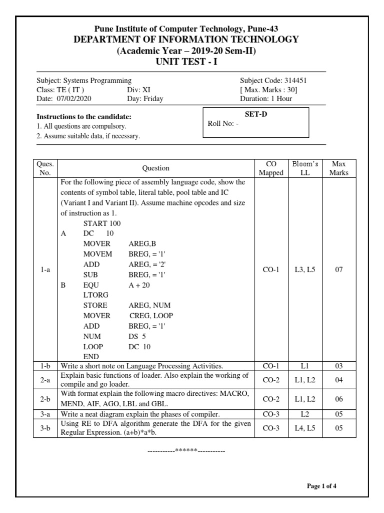 SP Unit Test 1 | PDF | Assembly Language | Macro (Computer Science)