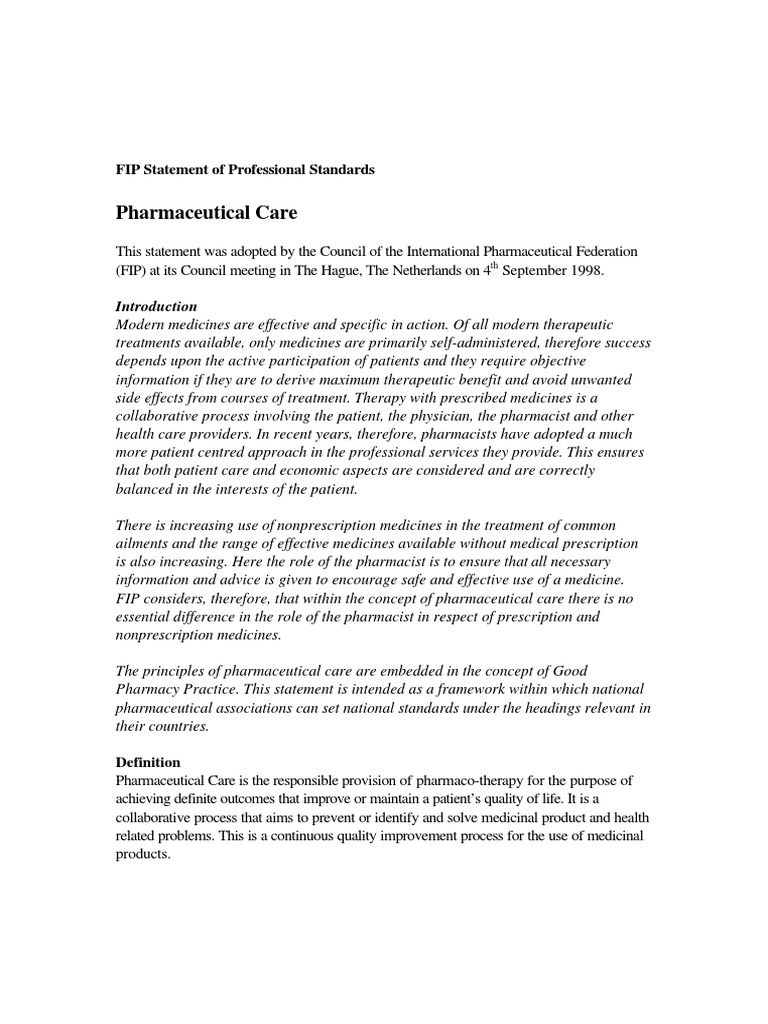 Pharmaceutical Care: FIP Statement of Professional Standards | PDF ...