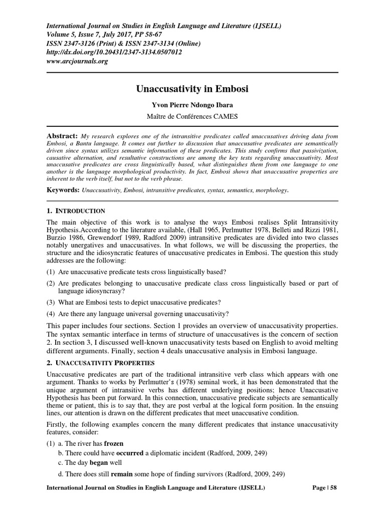 Unaccusativity in Embosi | PDF | Verb | Subject (Grammar)