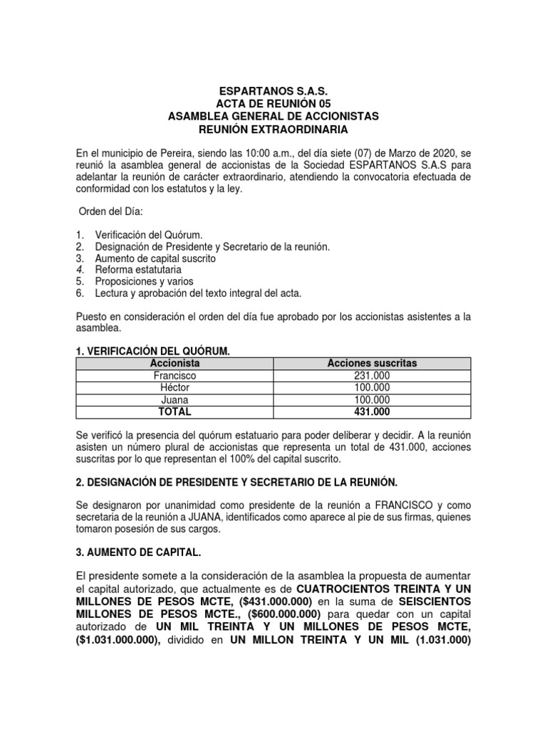 Acta Asamblea Aumento de Capital | PDF | Compartir (Finanzas) | Dividendo