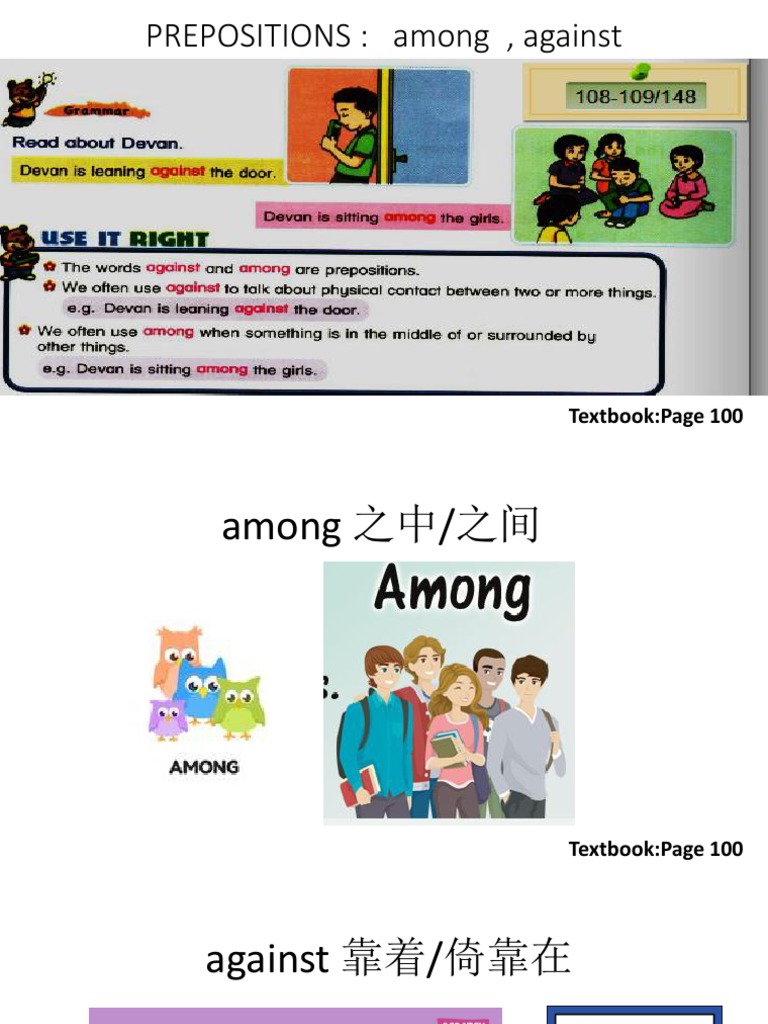 PREPOSITIONS: Among, Against: Textbook:Page 100 | PDF