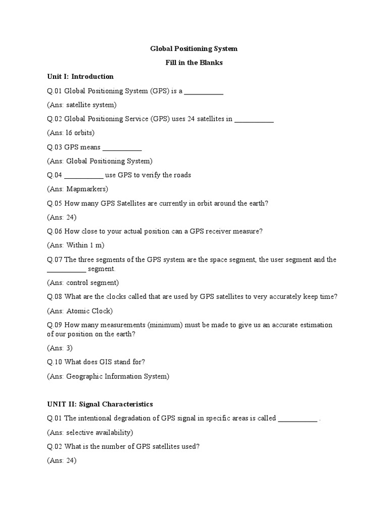 Global Positioning System Fill in The Blanks Unit I: Introduction | PDF ...