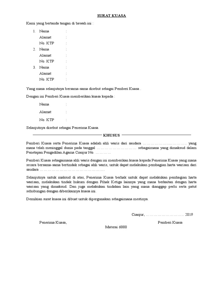 Surat Kuasa Pembagian Warisan | PDF | Politik | Ilmu Sosial