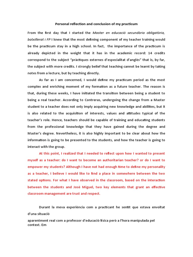 Personal Reflection and Conclusion of My Practicum | PDF | Teacher ...
