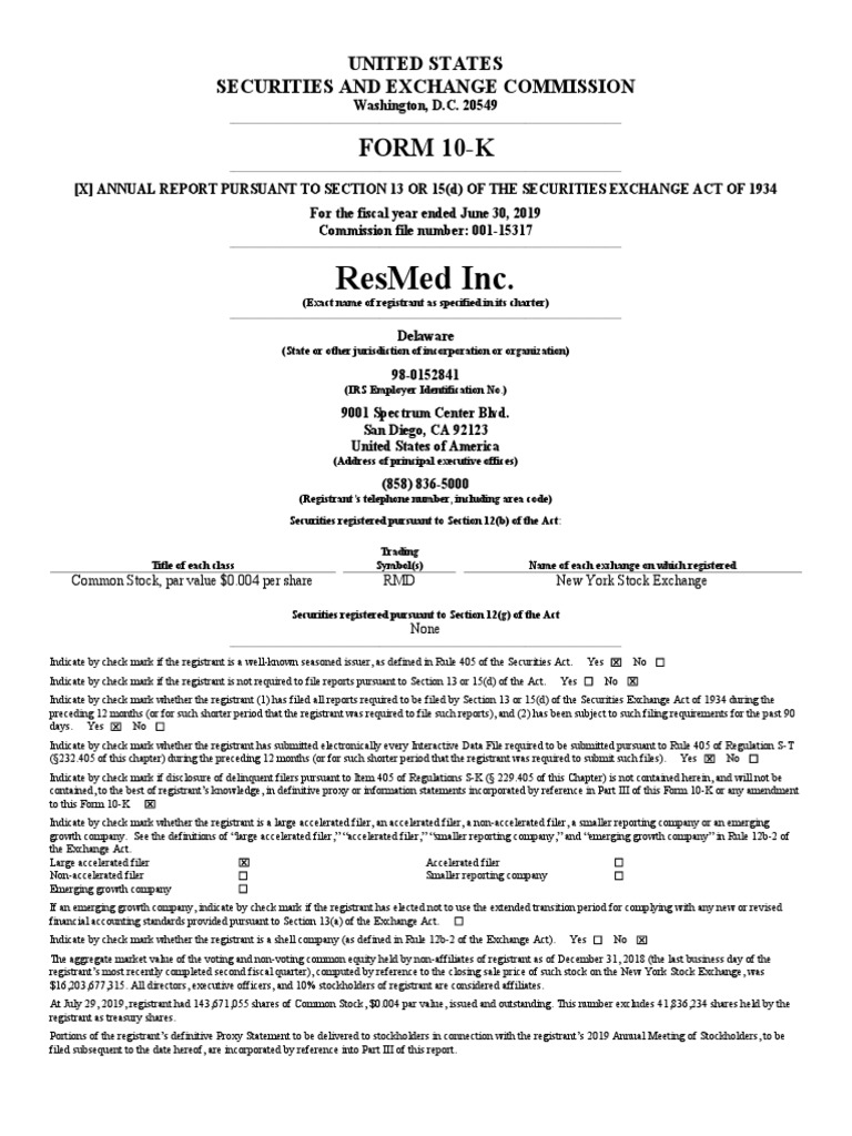 ResMed Form 10 K June 2019 As Filed - 08082019 PDF | PDF | Chronic Obstructive Pulmonary Disease ...