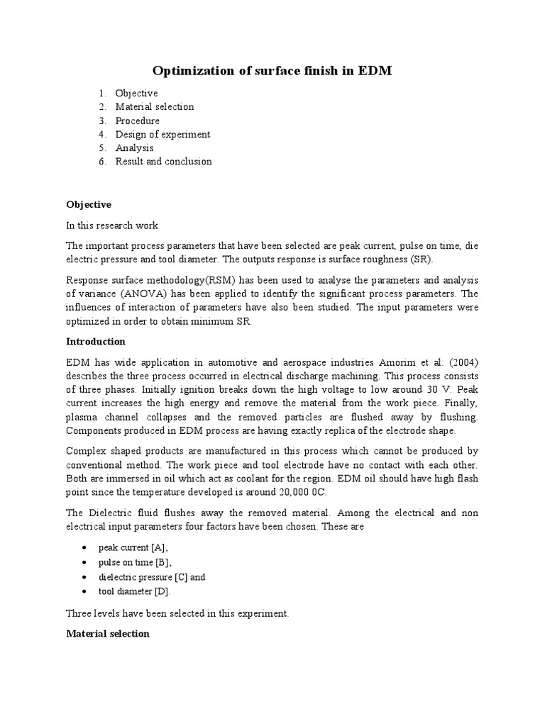 Optimization of Surface Finish in EDM: Objective | PDF | Applied And ...