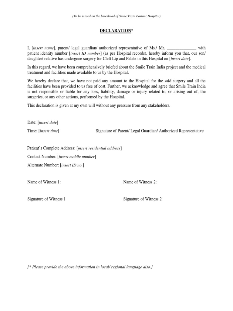 Declaration : (To Be Issued On The Letterhead of Smile Train Partner ...