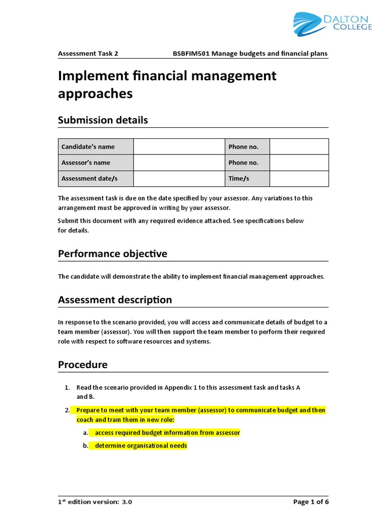 Implement Financial Management Approaches: Submission Details | PDF ...