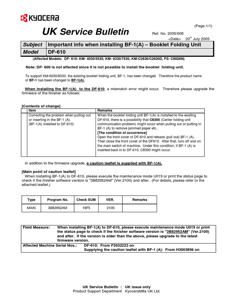 DF610 Remarks When Installing BF1 (A) | PDF | Office Equipment ...