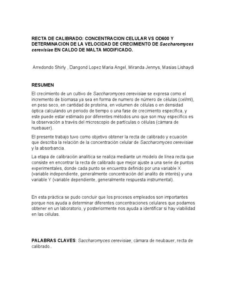 Lab Numero 2 Industrial Recta de Calibrado | PDF | Levadura ...