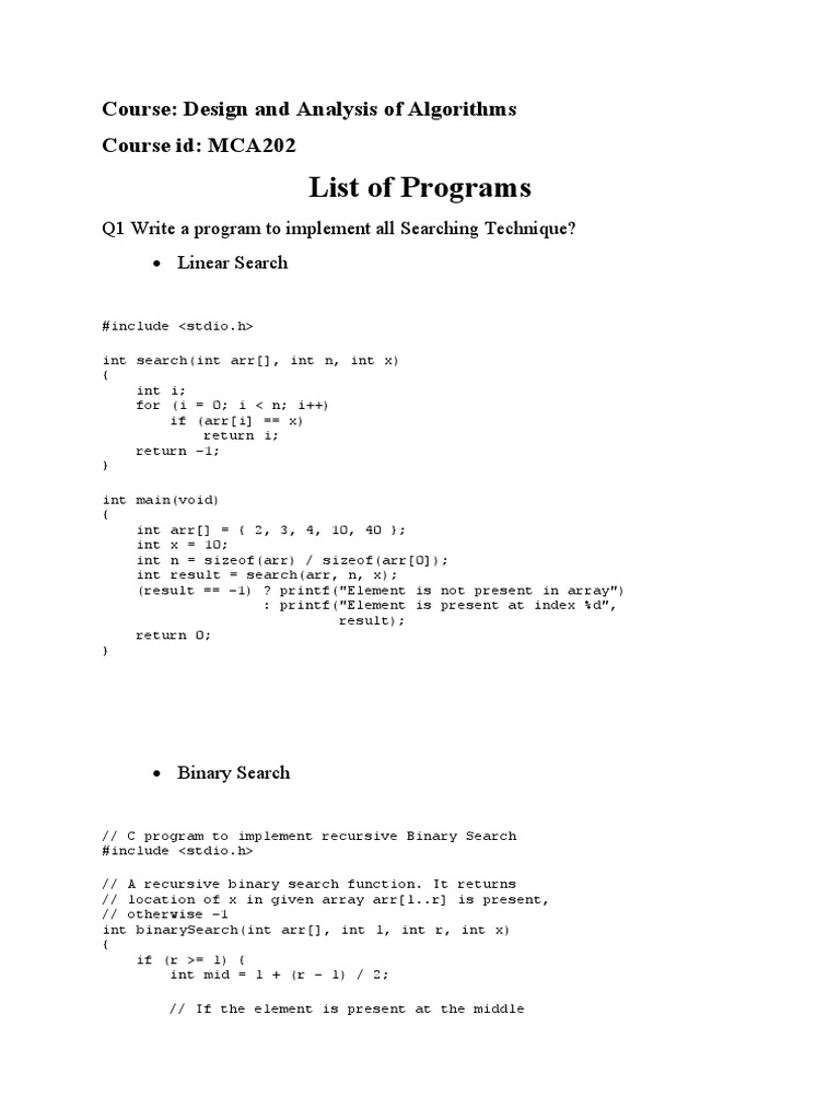 List of Programs: Course: Design and Analysis of Algorithms Course Id: MCA202 | PDF | Algorithms ...