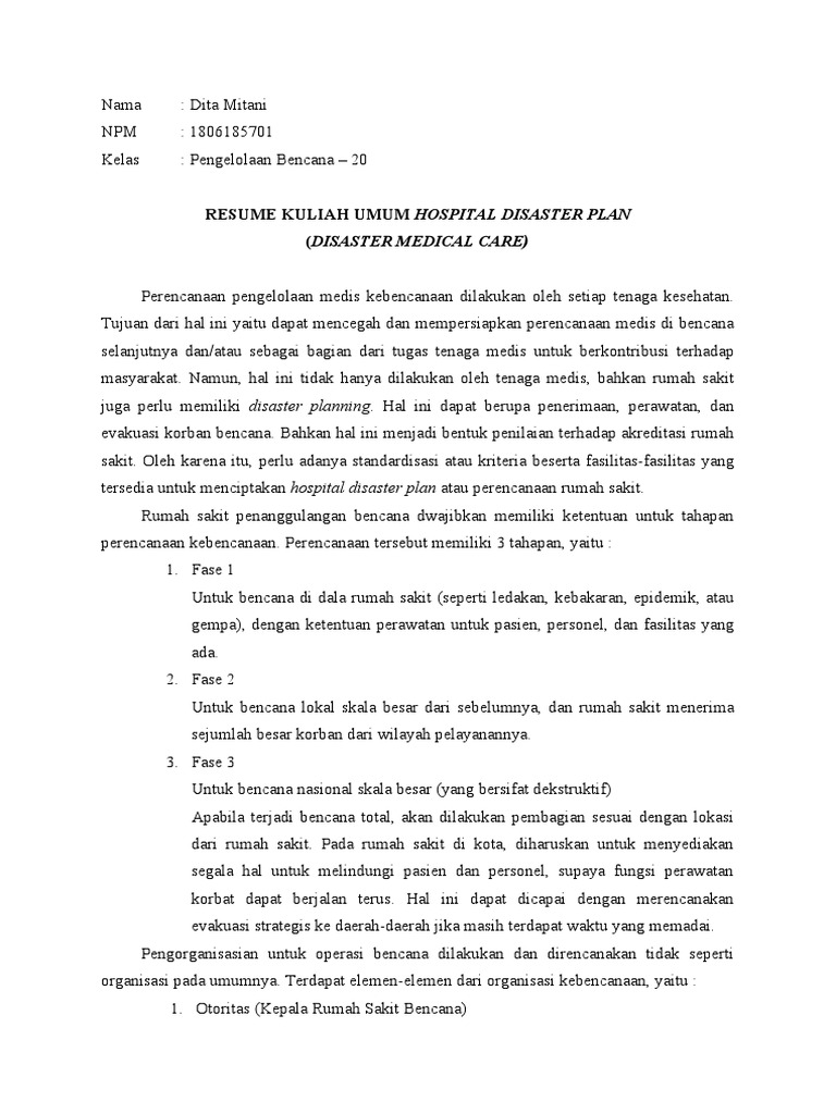 Resume Kulum Hospital Disaster Plan - PB-20 - Dita Mitani - 1806185701 | PDF