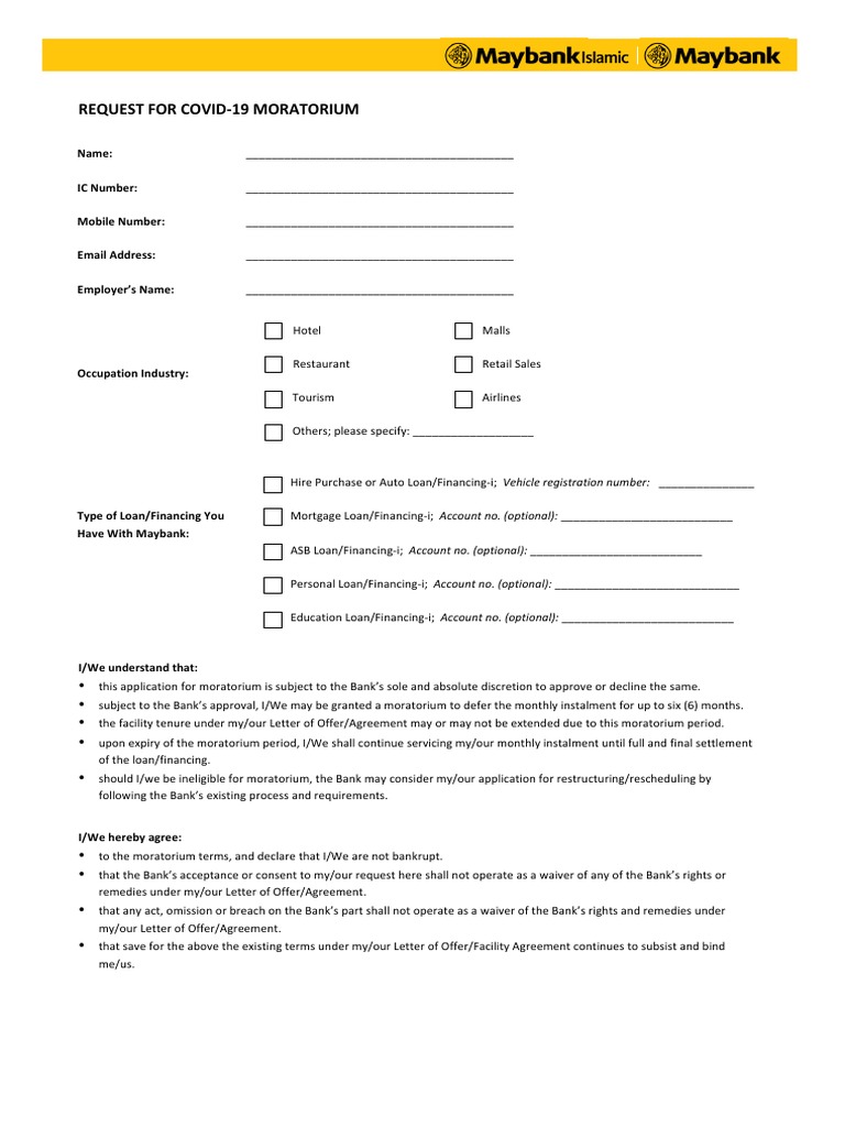 Request For Covid-19 Moratorium: Name: IC Number: Mobile Number: Email ...