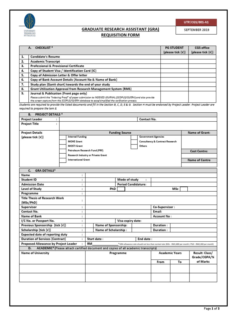 UTPCGS001-A1 - (White) GRADUATE RESEARCH ASSISTANT (GRA) REQUISITION ...