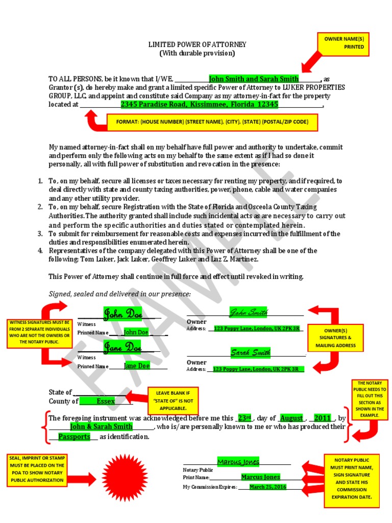 POA Example-Instruction REVISED | PDF | Power Of Attorney | Government ...