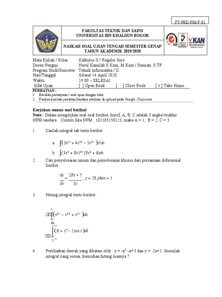 Soal UTS Genap 2019-2020 Kalkulus II - Reg Sore-Dikonversi | PDF