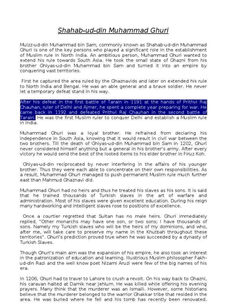 Muhammad Ghuri: Founder of Muslim Rule | PDF | South Asia | Religion ...