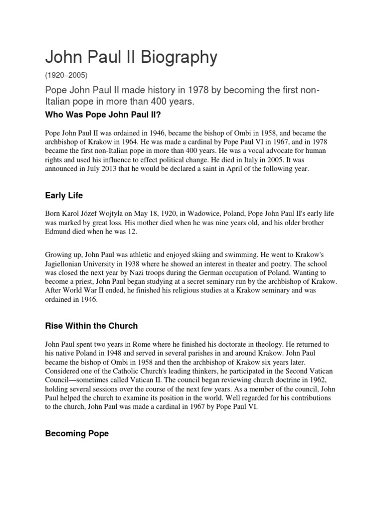 Biography of Pope John Paul II | PDF | Pope John Paul Ii | Christian ...