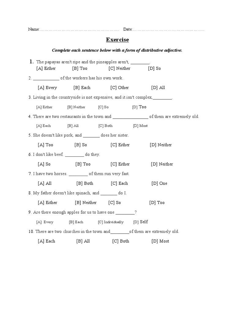 Exercise: Complete Each Sentence Below With A Form of Distributive ...