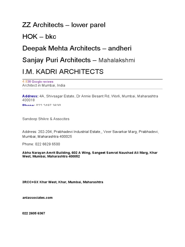 ZZ Architects - Lower Parel HOK - BKC Deepak Mehta Architects - Andheri ...
