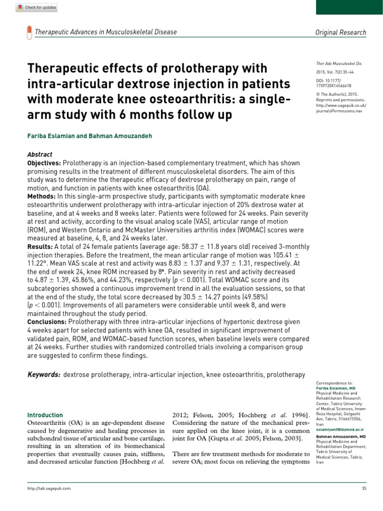 Therapeutic Effects of Prolotherapy With Intra-Articular Dextrose ...