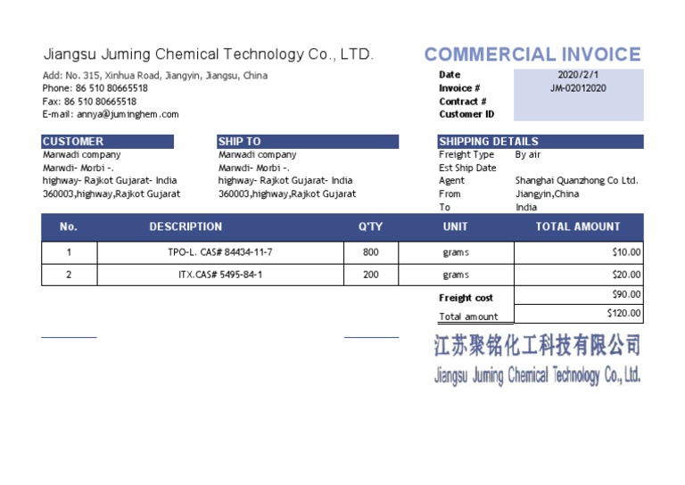 Commercial Invoice: Jiangsu Juming Chemical Technology Co., LTD | PDF