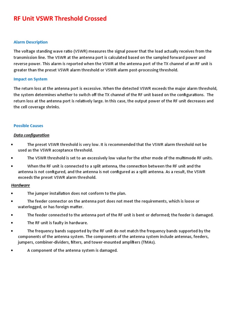 RF Unit VSWR Threshold Alarm | PDF | Electromagnetism | Electrical ...