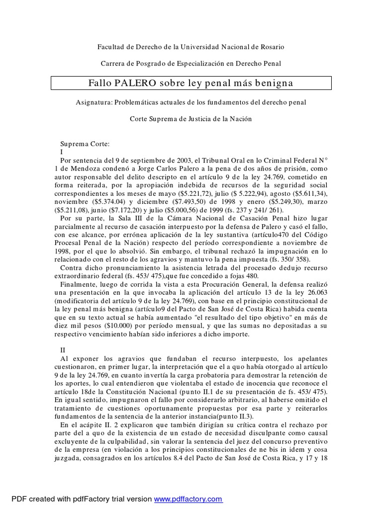 Edp - Fallo PALERO Ley Mas Benigna CSJN | PDF | Derecho penal | Sentencia (ley)