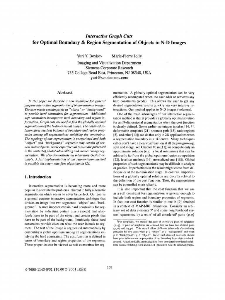 For Optimal Boundary Region Segmentation of Objects in N-D Images | Download Free PDF | Image ...