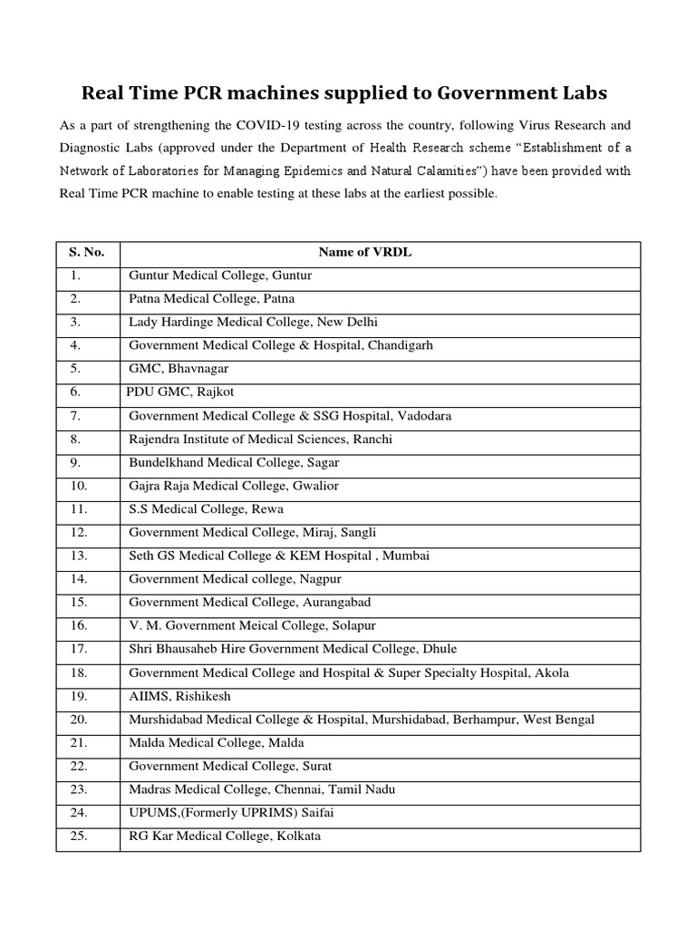 Real Time PCR Machines Supplied To Government Labs: S. No. Name of VRDL ...