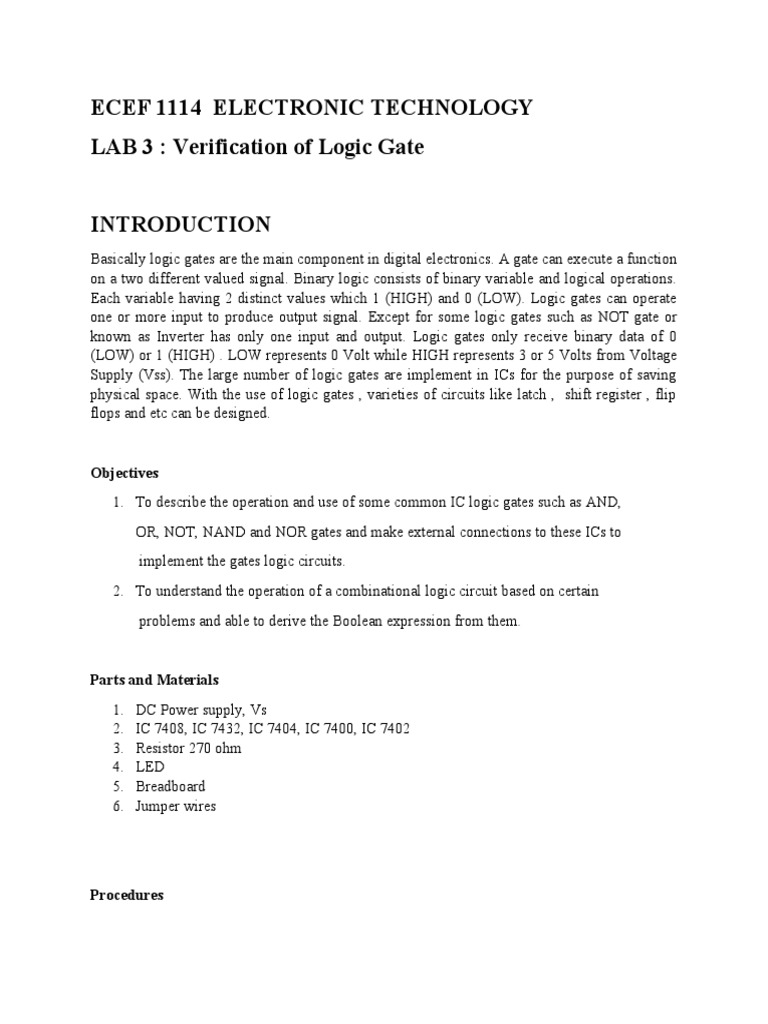 Verification of Logic Gates Lab | PDF | Logic Gate | Electronic Circuits