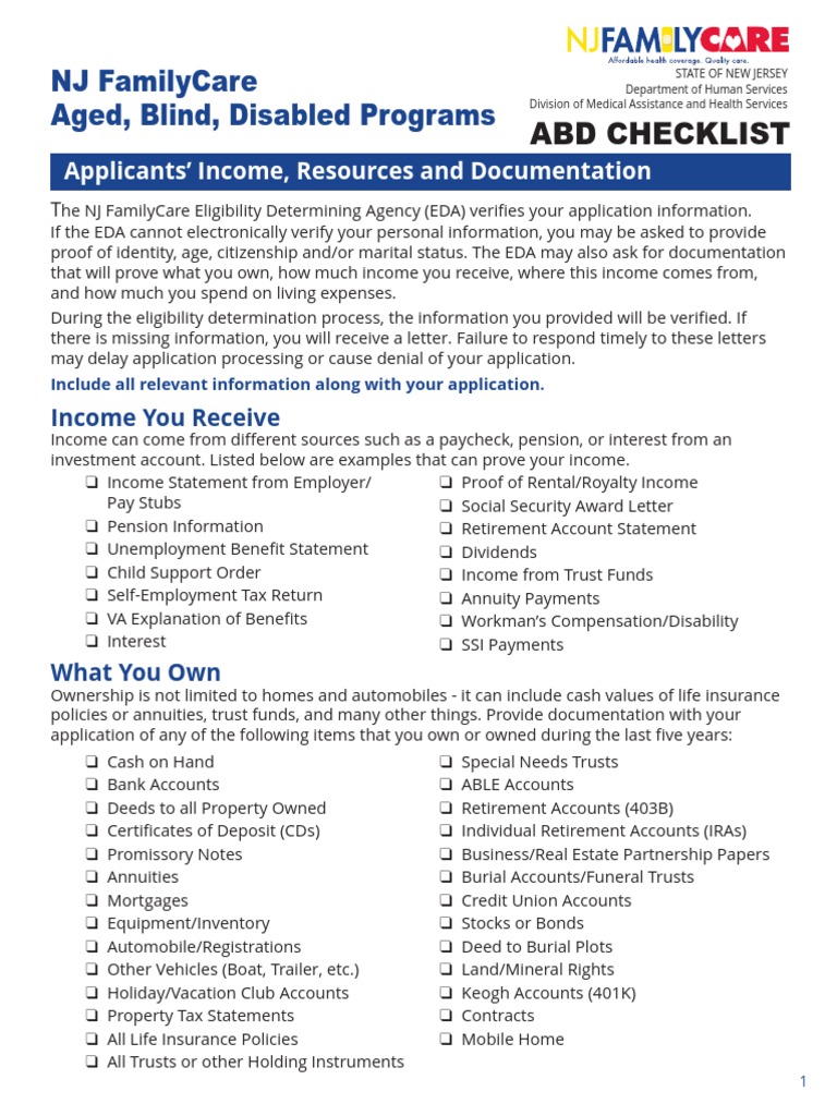 NJ Familycare Aged, Blind, Disabled Programs: Abd Checklist | PDF ...