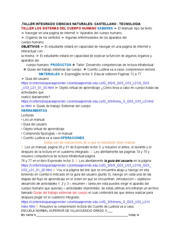 Taller sobre el cuerpo humano para 3° grado | PDF | Comprensión lectora ...